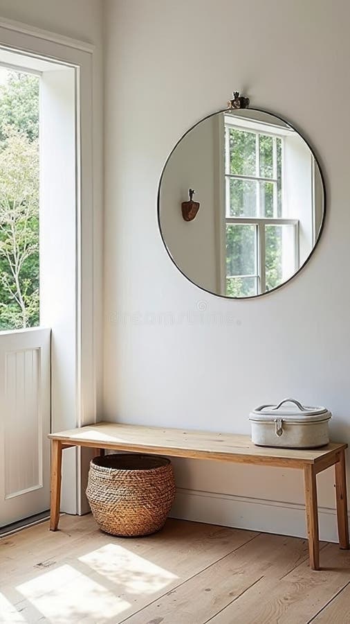 Minimalist Entryway with Round Mirror and Wooden Bench in Bright ...