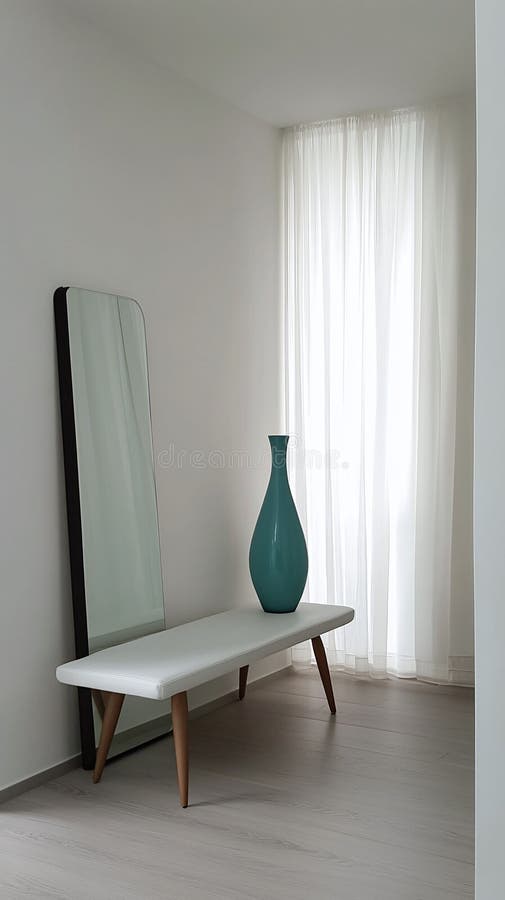 A Minimalist Entryway with a White Bench a Black Mirror and a Single ...
