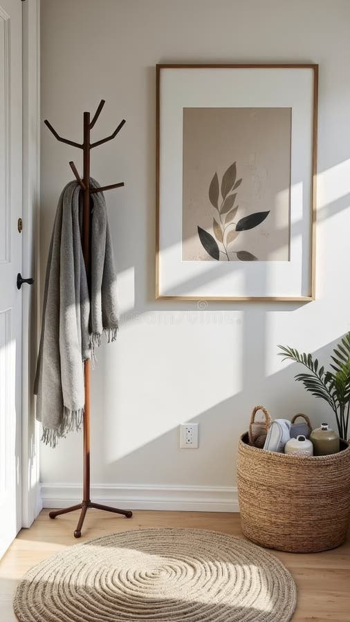 Minimalist Entryway with Wooden Coat Rack and Woven Basket Decor in ...