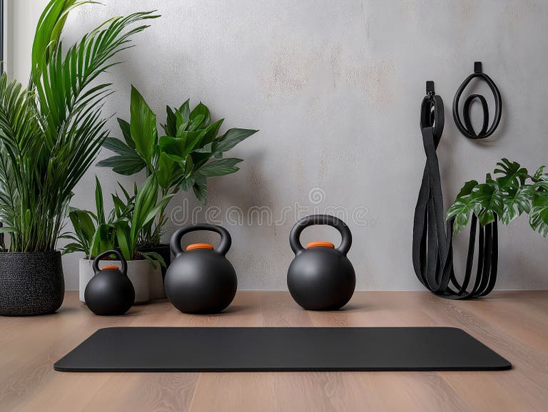 Minimalist Exercise Space with Kettlebells and Greenery Stock ...