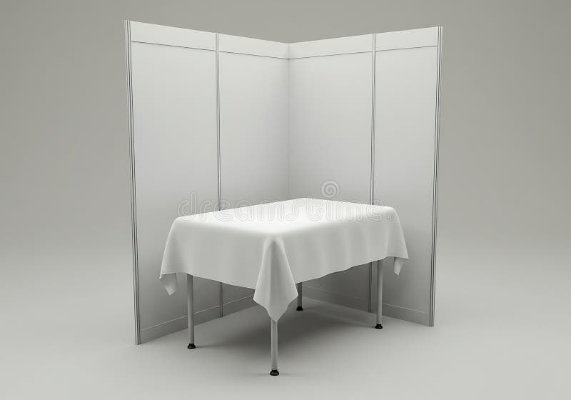 Minimalist Exhibition Booth Setup with Table and Draped White Fabric ...
