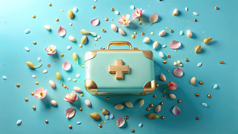 A Minimalist First Aid Kit Arrangement with Floating 3D Objects Gold ...