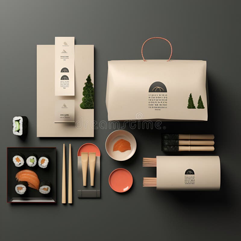 Minimalist Flat Lay of Beige Sushi Restaurant Packaging and Layout ...