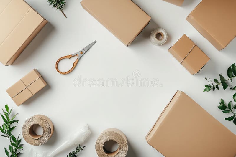 Minimalist Flat Lay with Eco-friendly Packaging Materials and Greenery ...