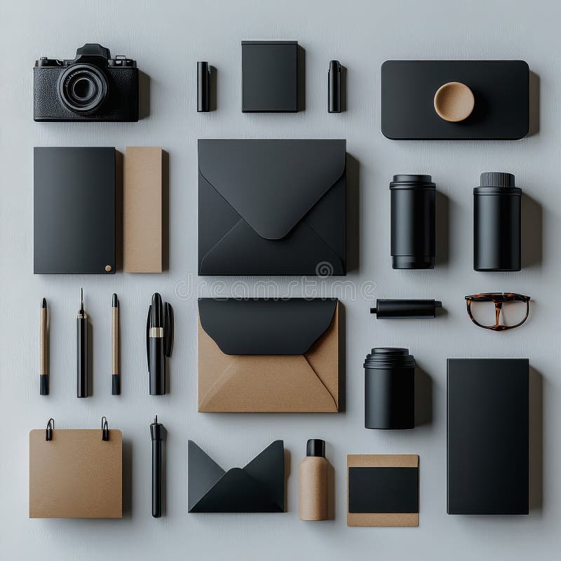 Minimalist Flat Lay of Black Photography Gear and Office Supplies on ...