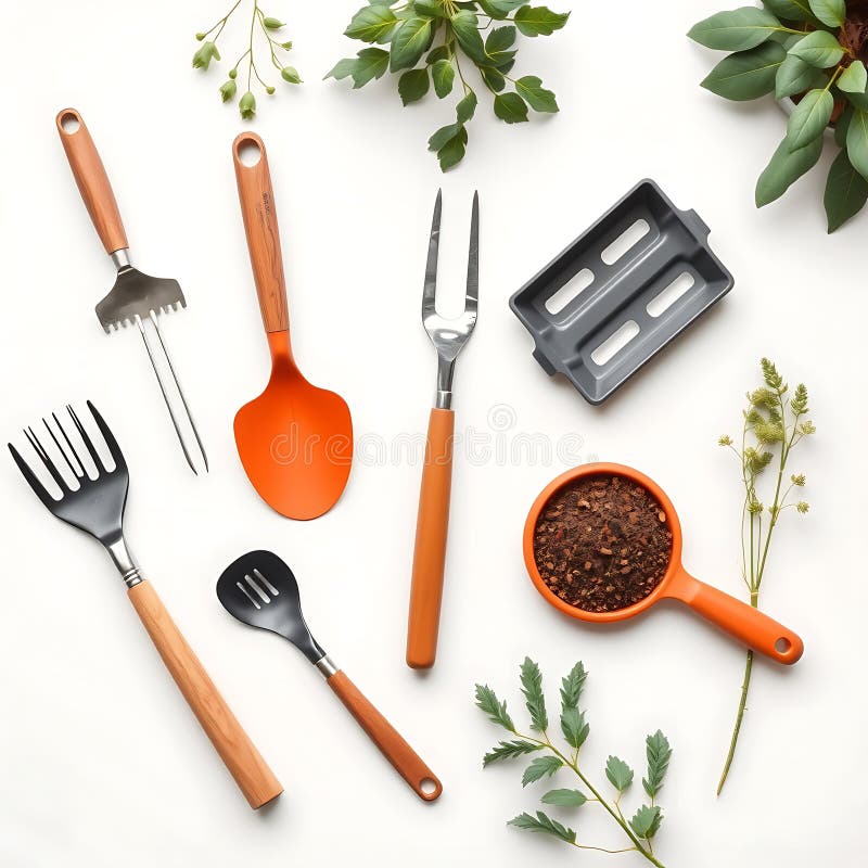 Minimalist Flat Lay of Modern Gardening Tools on a White Background ...