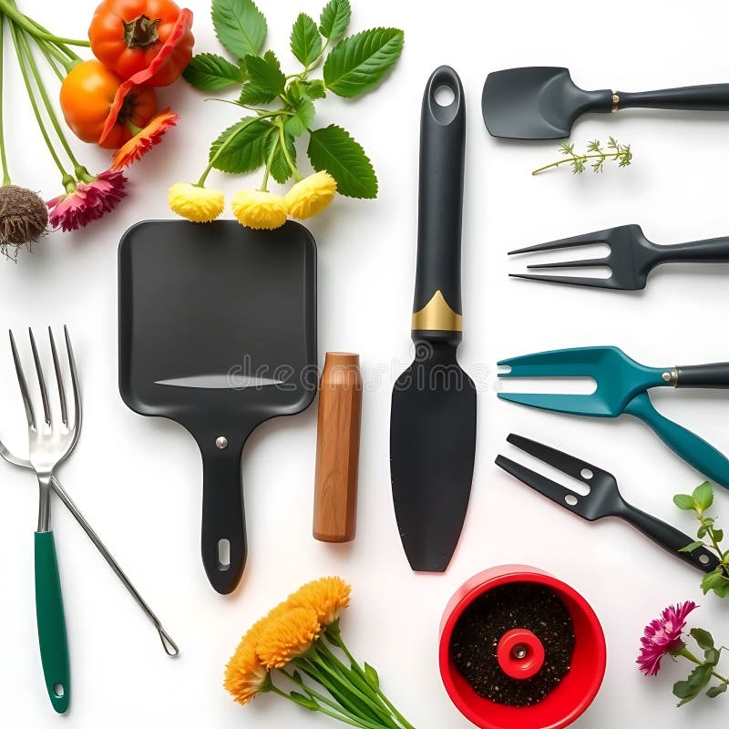 Minimalist Flat Lay of Modern Gardening Tools on a White Background ...