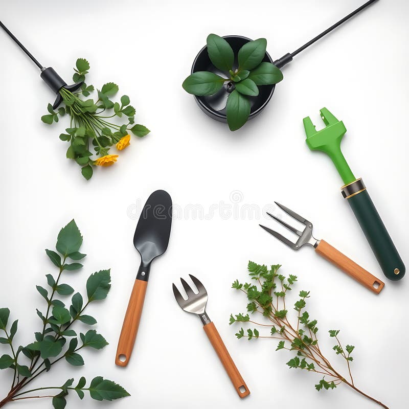 Minimalist Flat Lay of Modern Gardening Tools on a White Background ...