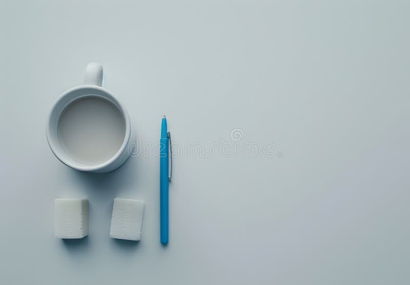 Minimalist Flat Lay of White Coffee Mug with Pen and Eraser Stock ...