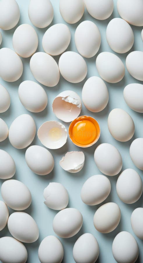 Minimalist Flat Lay of White Eggs with a Cracked Egg Yolk on Light Blue ...