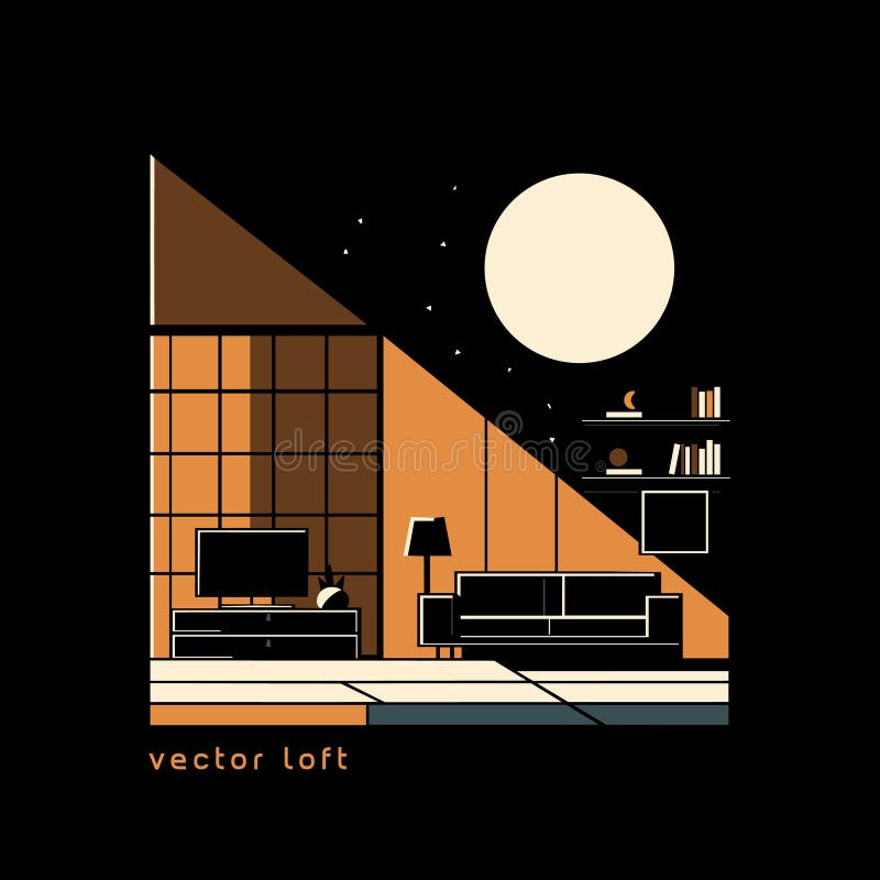 Minimalist Flat Lounge with Sofa Interior in Moonlit Night Light on ...