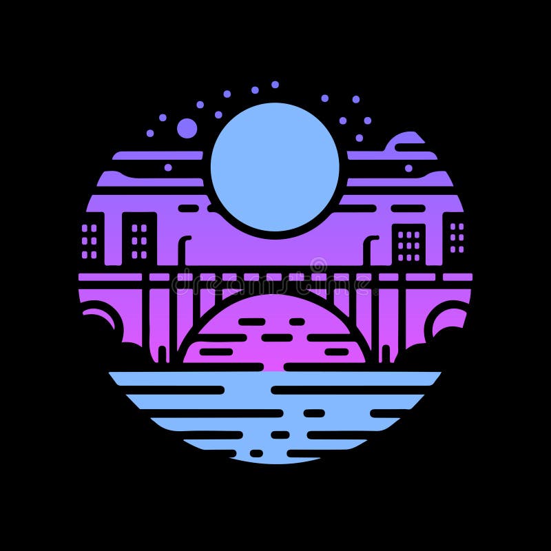 Minimalist Flat Night Landscape with Bridge and Moon in Circular Frame ...