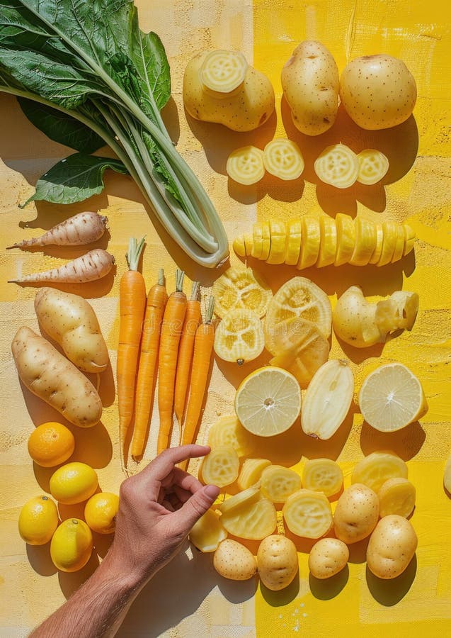 Minimalist Flatlay of Yellow Root Vegetables with Geometric Props ...