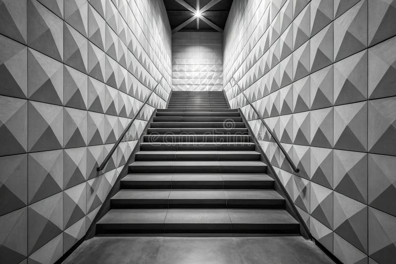 Black and White Minimalist Floating Staircase with Abstract Geometric ...