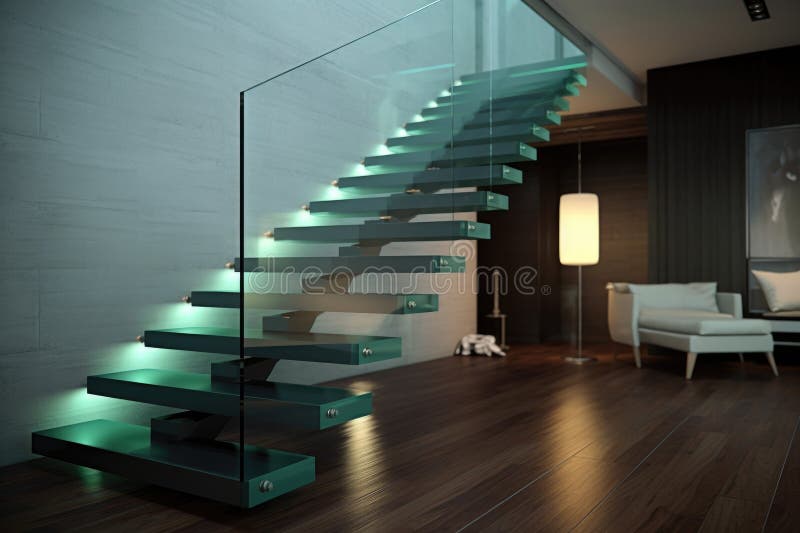 Minimalist Floating Staircase with Glass Railing Stock Illustration ...