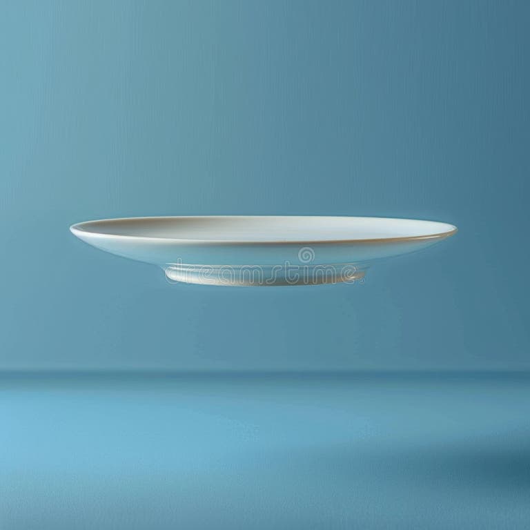 Minimalist Floating White Ceramic Plate on Blue Background. Modern ...