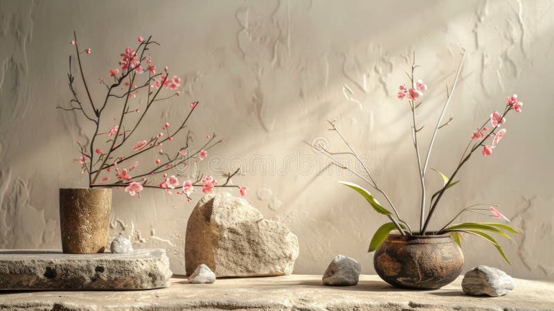 Minimalist Flower Arrangement with Cherry Blossoms on Stone Slabs Stock ...