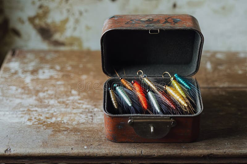 A Minimalist Fly Box Opened To Reveal Vibrant Flies, Styled on a Stock ...