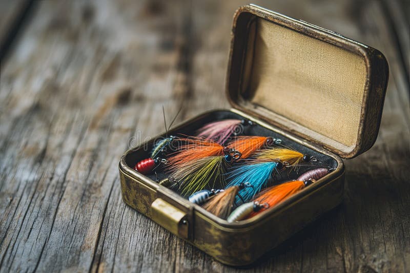 A Minimalist Fly Box Opened To Reveal Vibrant Flies, Styled on a Stock ...