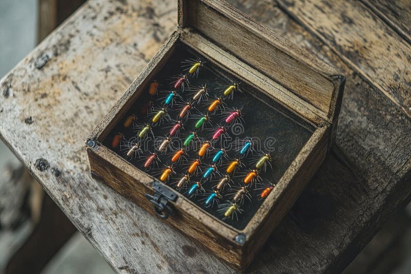 A Minimalist Fly Box Opened To Reveal Vibrant Flies, Styled on a Stock ...