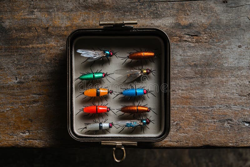 A Minimalist Fly Box Opened To Reveal Vibrant Flies, Styled on a Stock ...