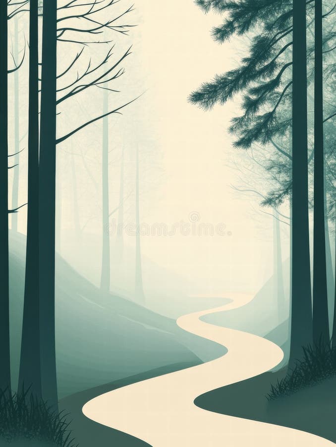Winding Minimalist Forest Path Leads into a Serene and Foggy Distance ...