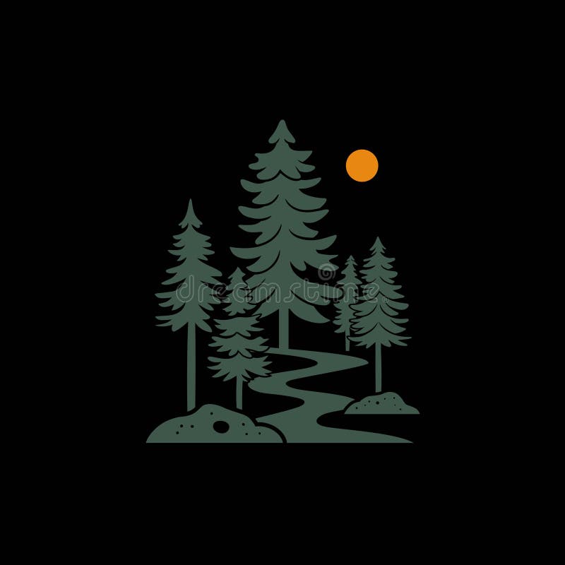 Minimalist Forest Scene Featuring Tall Evergreen Trees, a Winding Path ...