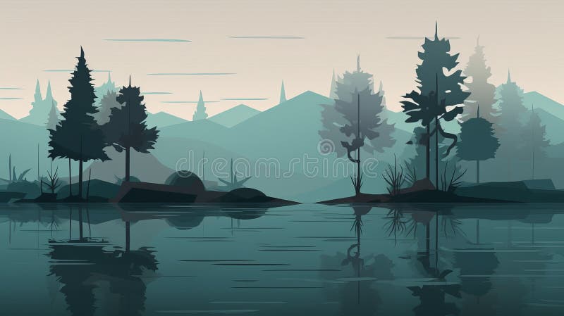 Minimalist Forest with Serene Lake and Trees Stock Illustration ...