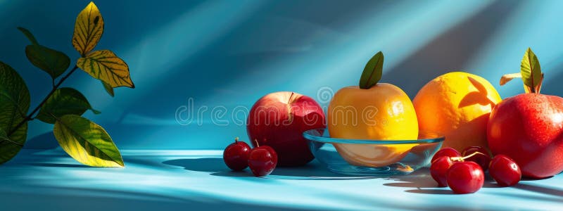 Minimalist Fruit Arrangement with Dramatic Lighting on Blue Background ...