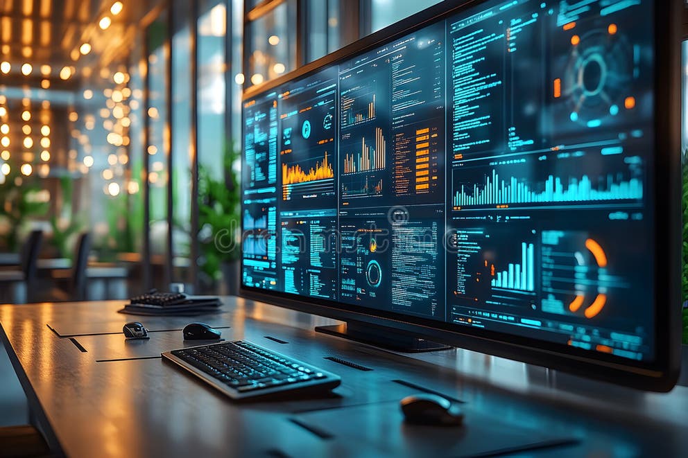 Minimalist, Futuristic Office Setup with a Transparent Display Screen ...