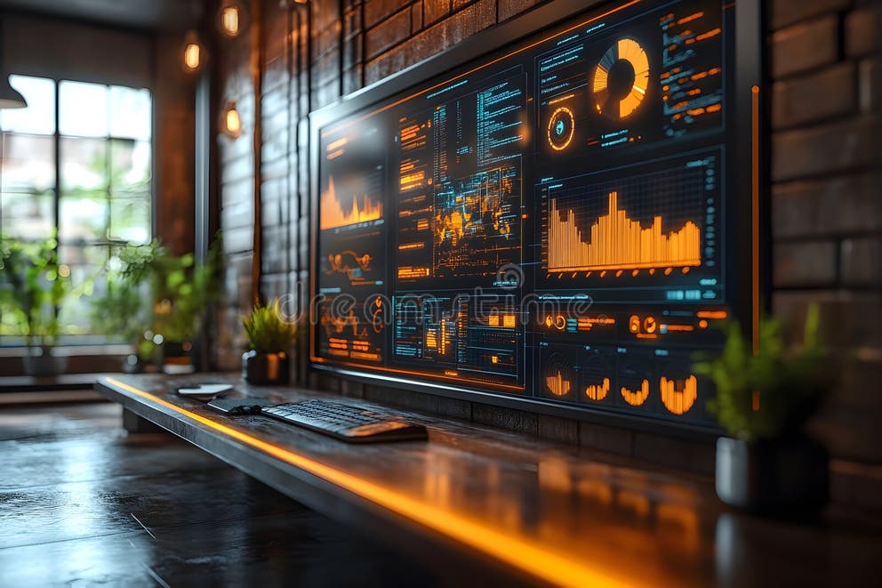 Minimalist, Futuristic Office Setup with a Transparent Display Screen Showing AI Dashboards ...