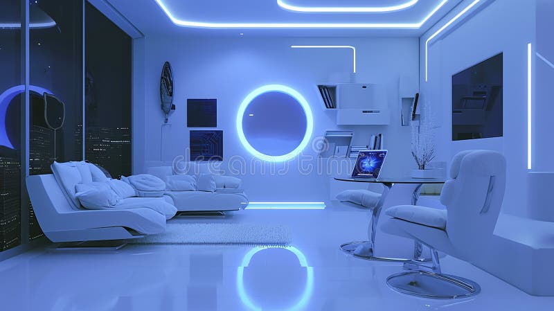 Minimalist Futuristic White Room with Chairs and Big Window Stock ...