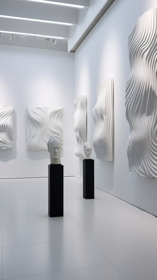 A Minimalist Gallery with a 3D White Ripple Wall Pattern, Stock ...