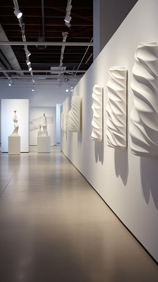 A Minimalist Gallery with a 3D White Ripple Wall Pattern, Stock ...