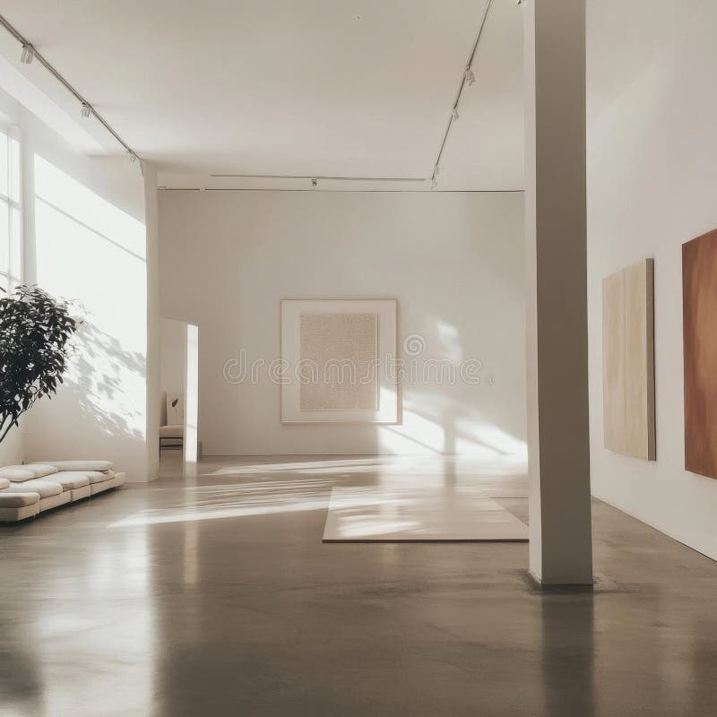 Minimalist Gallery Interior with Natural Light and Artwork Stock ...