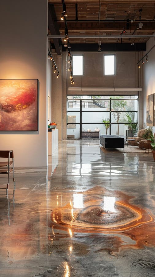 Minimalist Gallery Space with Abstract Art and Polished Concrete Floors ...