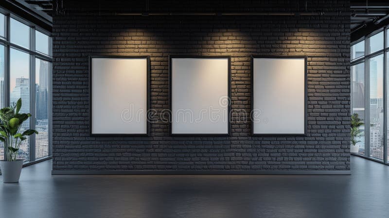 Minimalist Gallery Space Features Three Empty Frames on Brick Wall ...