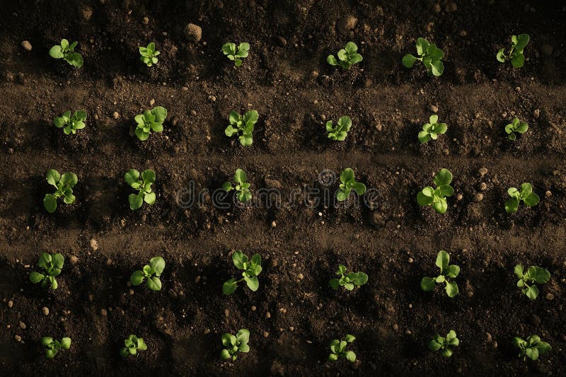A Minimalist Garden Plot with Rows of Neatly Planted Seedlings in Rich ...