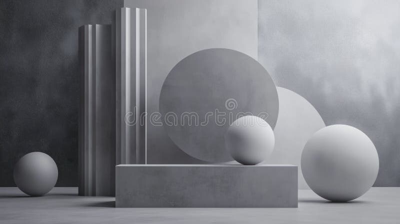 Minimalist Geometric Composition with Grayscale Spheres and Cylinders ...
