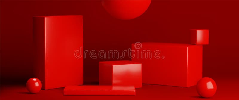 Minimalist Geometric Cube Podiums in Red Studio Stock Illustration ...