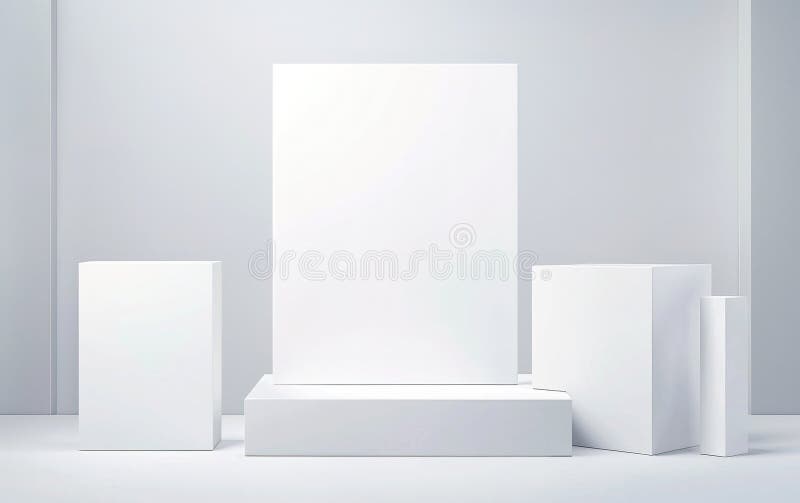 Minimalist Geometric Display Setting with White Blocks and a Large Flat ...
