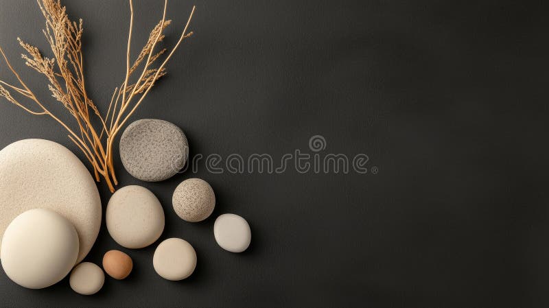 Minimalist Geometric Stone Arrangement with Natural Elements on Dark ...