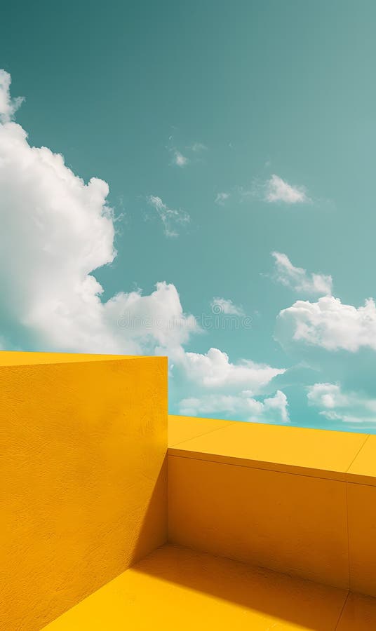 Minimalist Geometric Yellow Structure Against Blue Sky with Clouds ...
