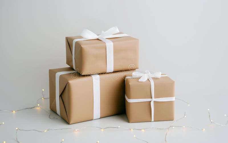 Minimalist Gift Boxes with White Ribbons and String Lights for Elegant ...