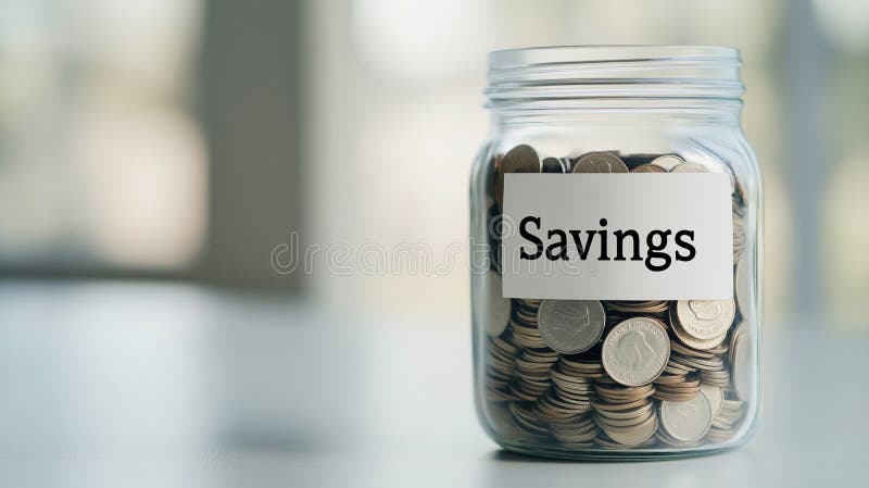 Minimalist Glass Jar Labeled Savings Filled with Assorted Coins ...
