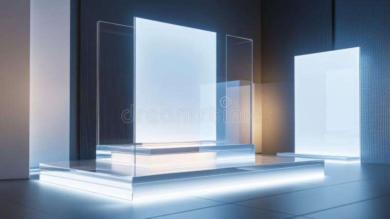 Minimalist Glass Platform with Glowing Panels Stock Illustration ...