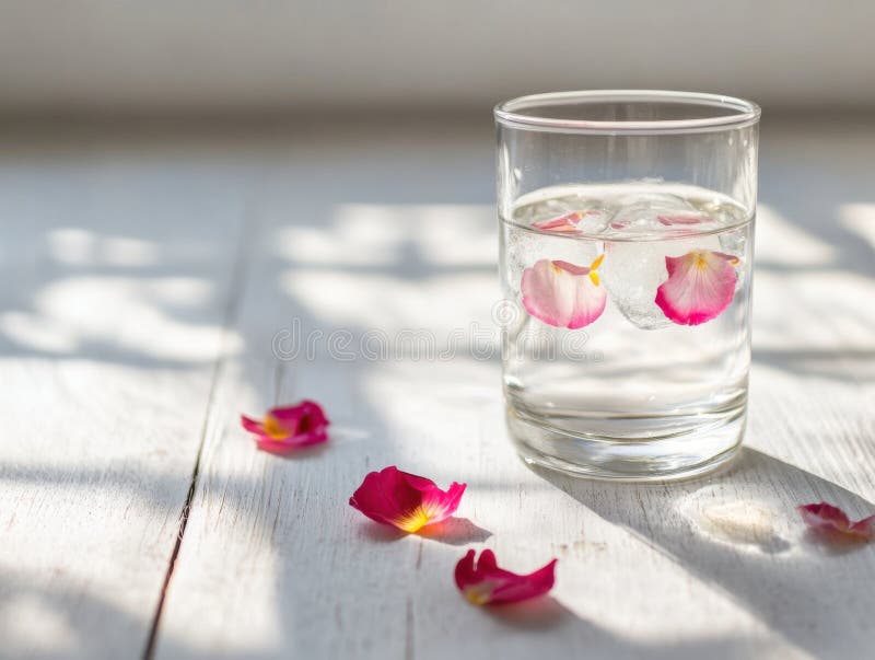 Minimalist Glass of Water with Ice and Petals on Sunlit Table Surface ...
