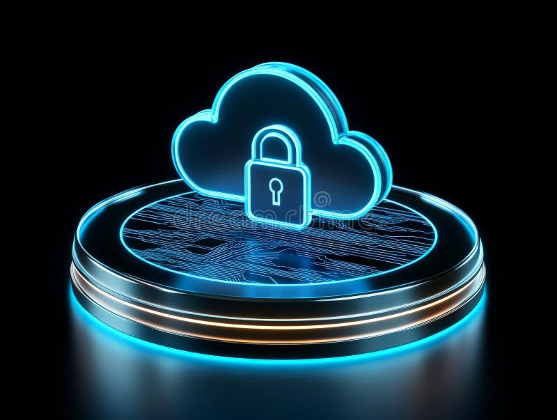 Minimalist Glowing Blue Cloud with a Lock on a Pedestal, Highlighting ...