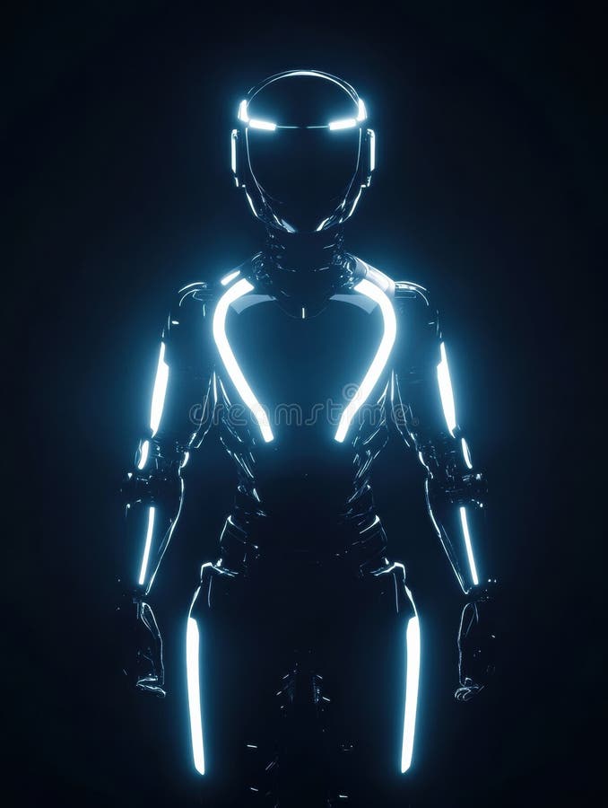 Minimalist Glowing Humanoid Robot Stands Centered in a Dark Environment ...