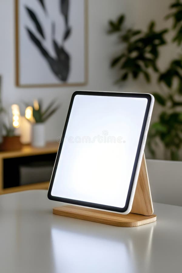 Minimalist Glowing Tablet with White Screen Placed in a High-end Office ...